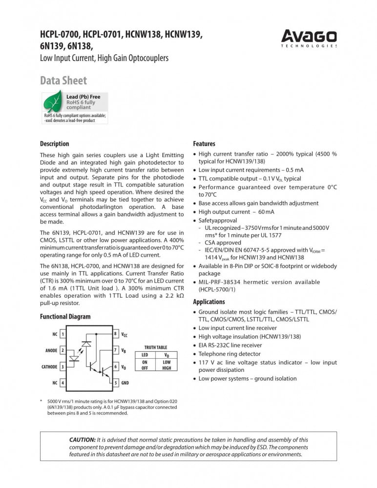 6N138 datasheet page 1