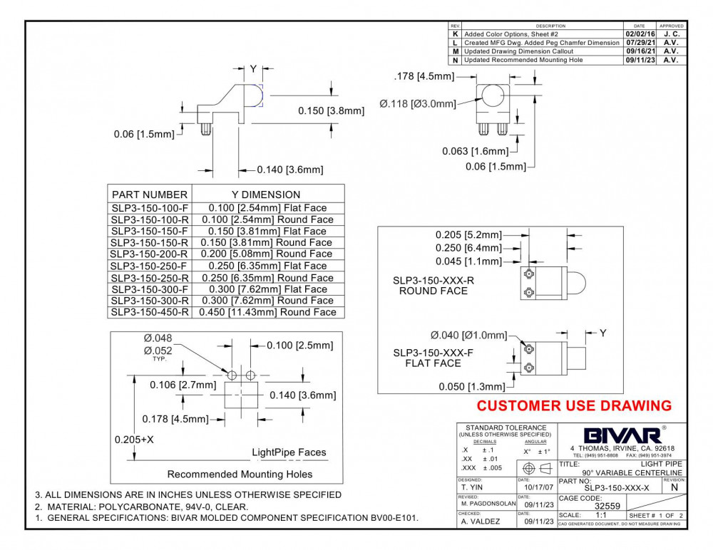 SLP3-150-XXX-X customer-use drawing, sheet 1