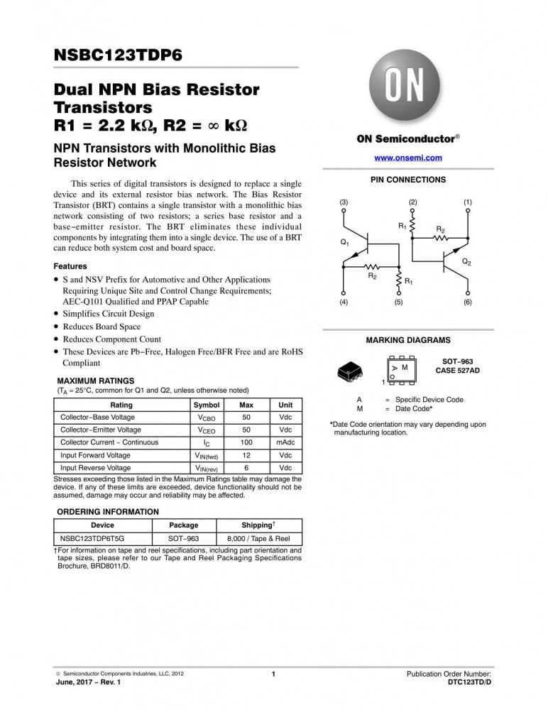 NSBC123TDP6T5G technical document page 1