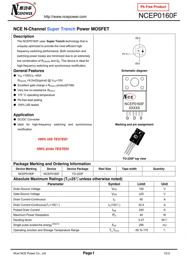 NCEP0160F datasheet page 1