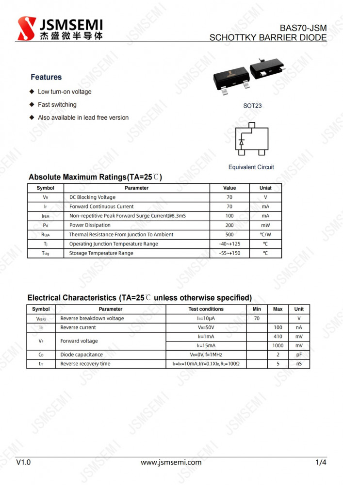 BAS70-JSM datasheet page 1