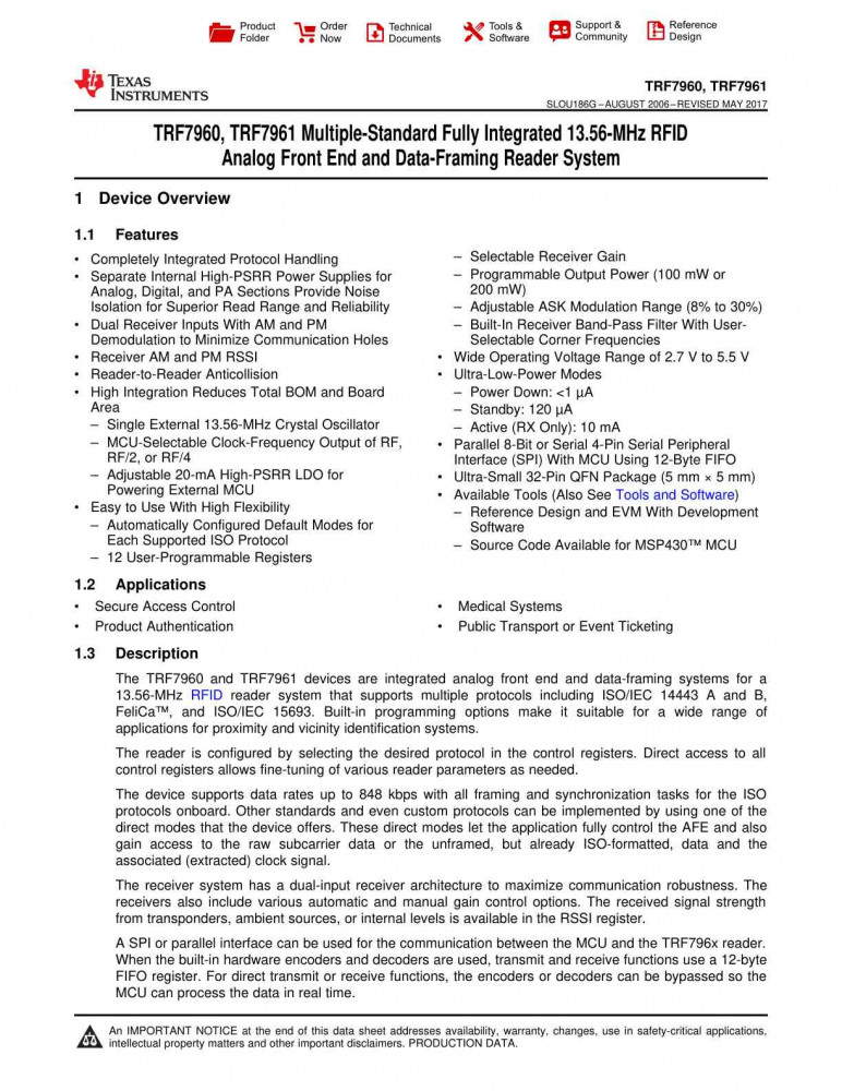 TRF7960 technical document page 1