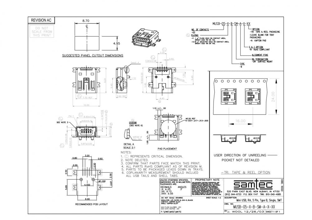 Samtec MUSB-05-F-B-SM-A-R-K-TR technical document page