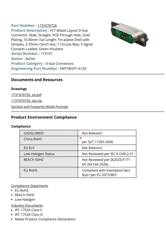 MOLEX 1731070726 product drawing page 1