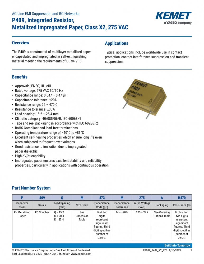 KEMET P409 datasheet page 1