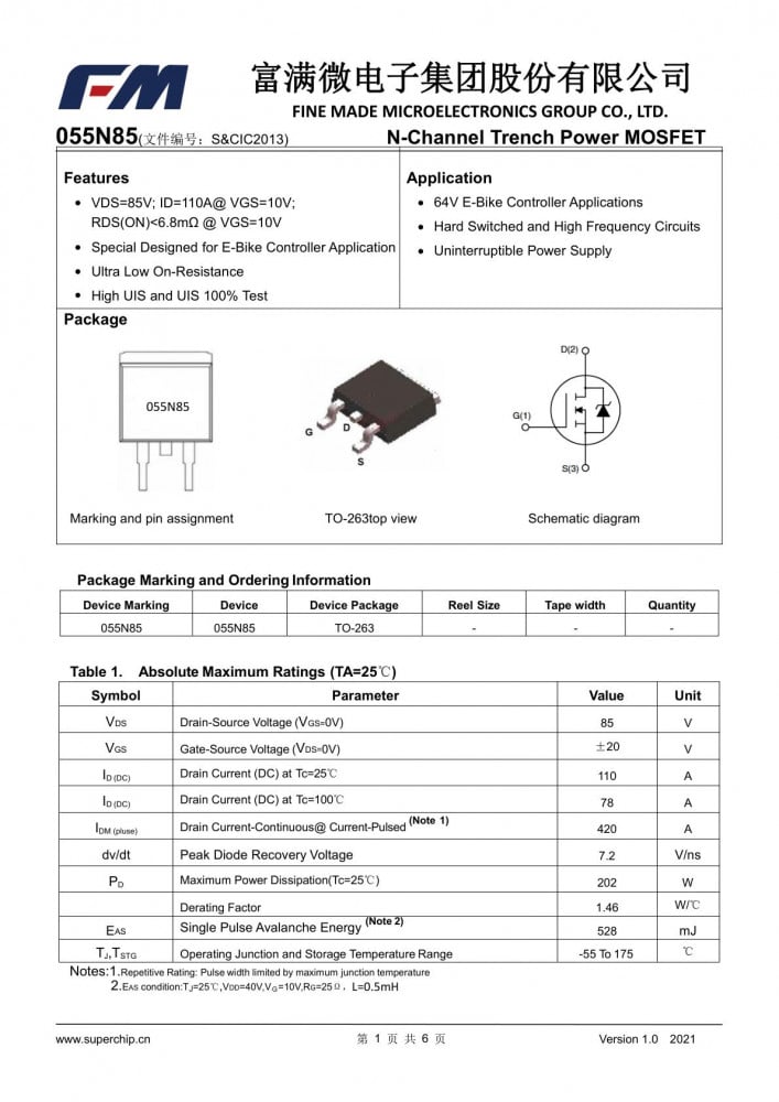 055N85 datasheet page 1