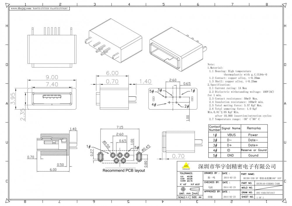 HOAUC HYCW149-USBD05-740B technical drawing