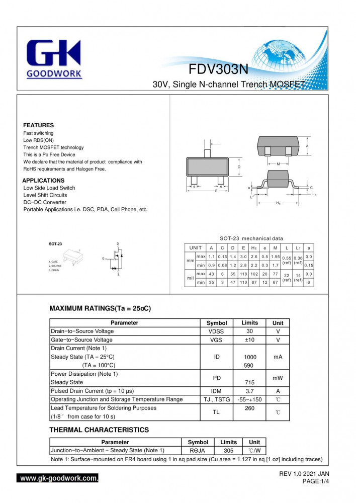 FDV303N-GK datasheet page 1