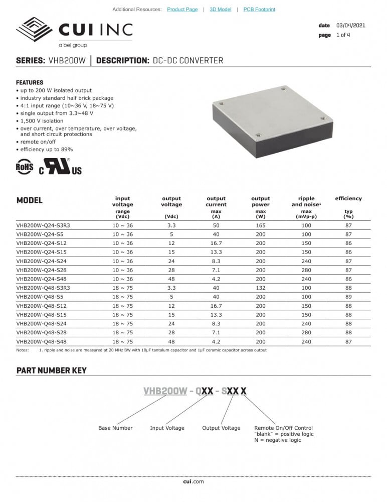CUI VHB200W-Q24-S12 datasheet page 1