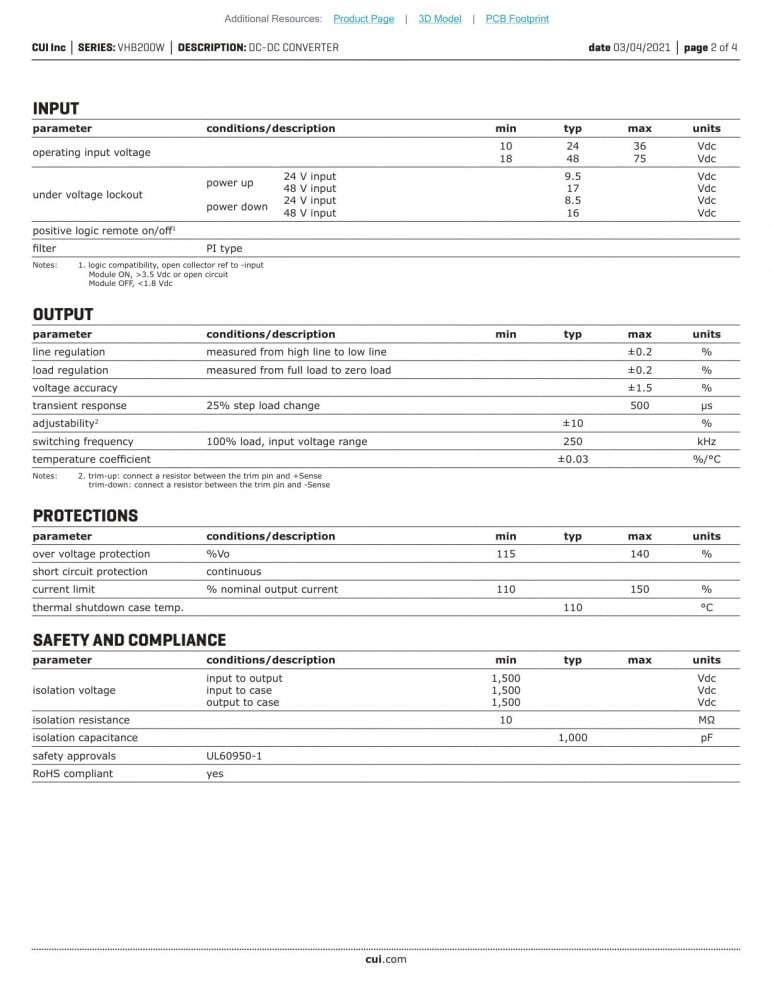 CUI VHB200W-Q24-S12 datasheet page 2