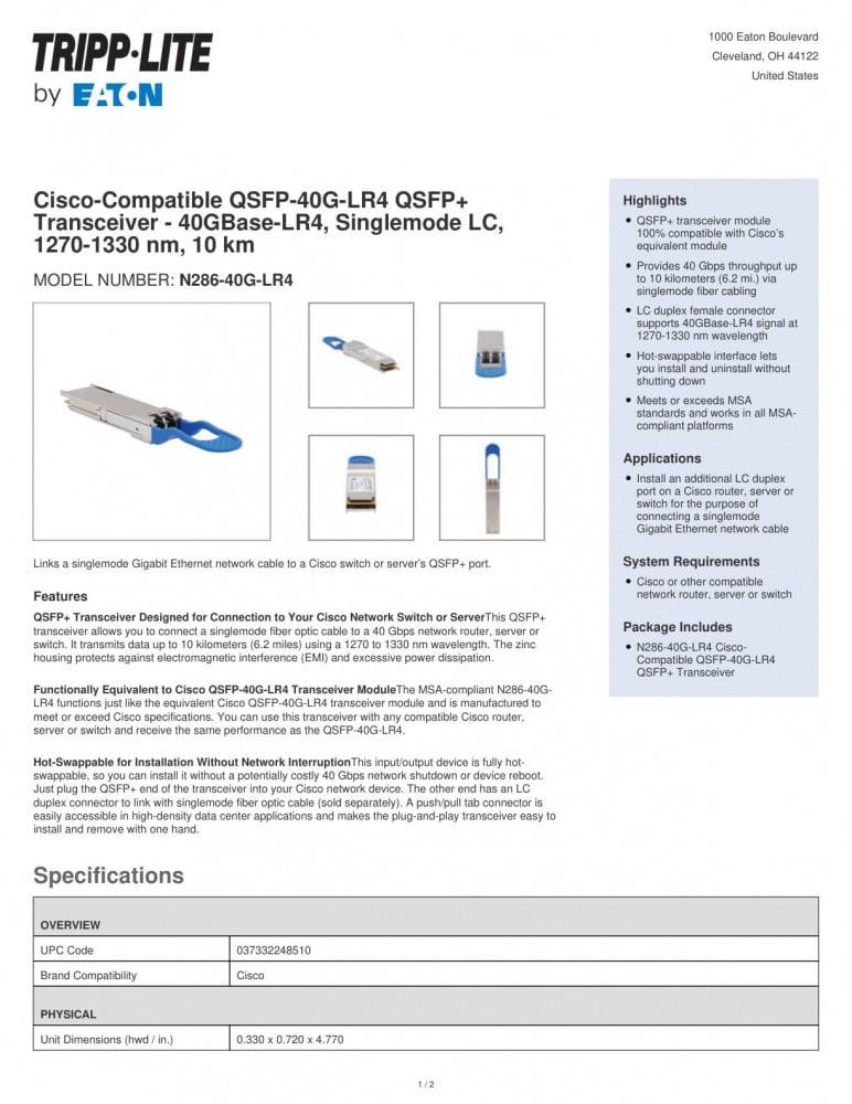 N286-40G-LR4 technical document page 1