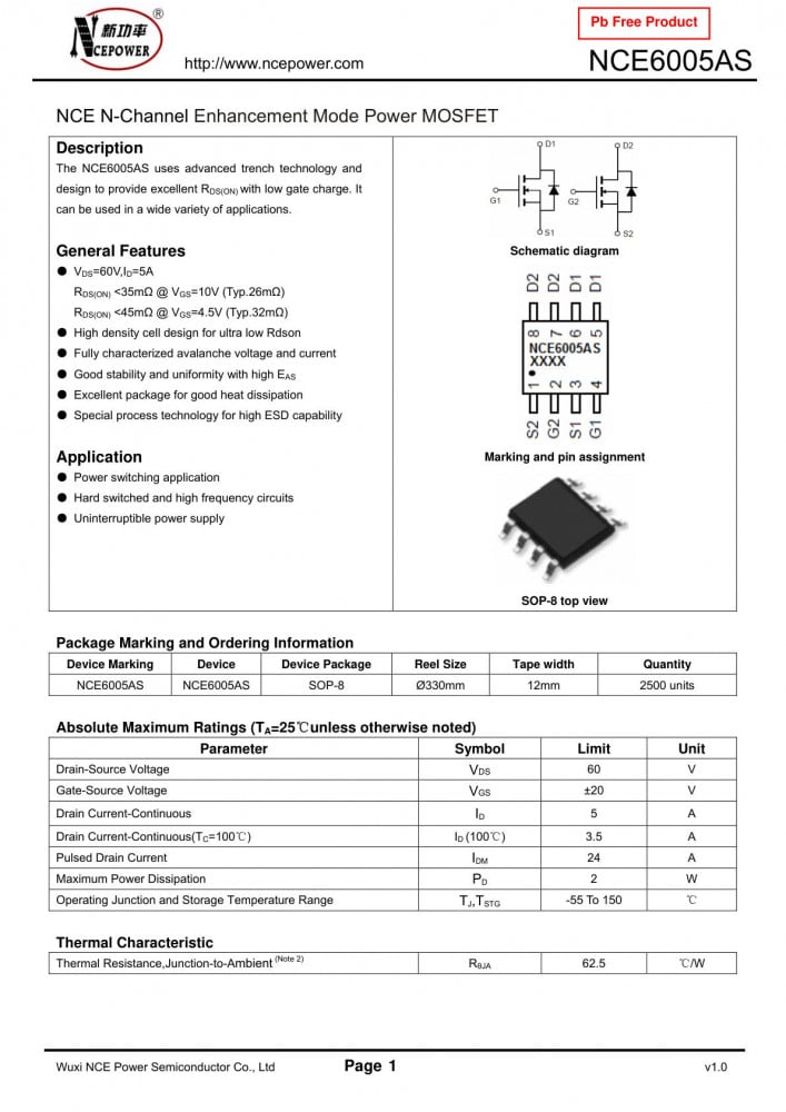NCE6005AS datasheet page 1