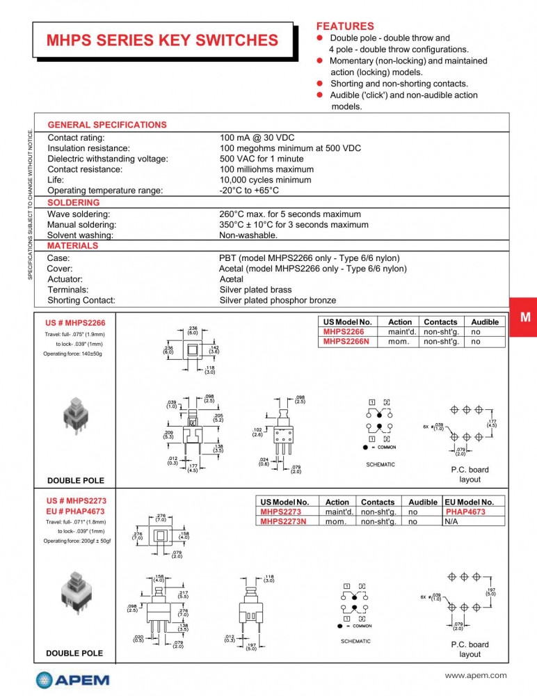 APEM MHPS series specification page 1
