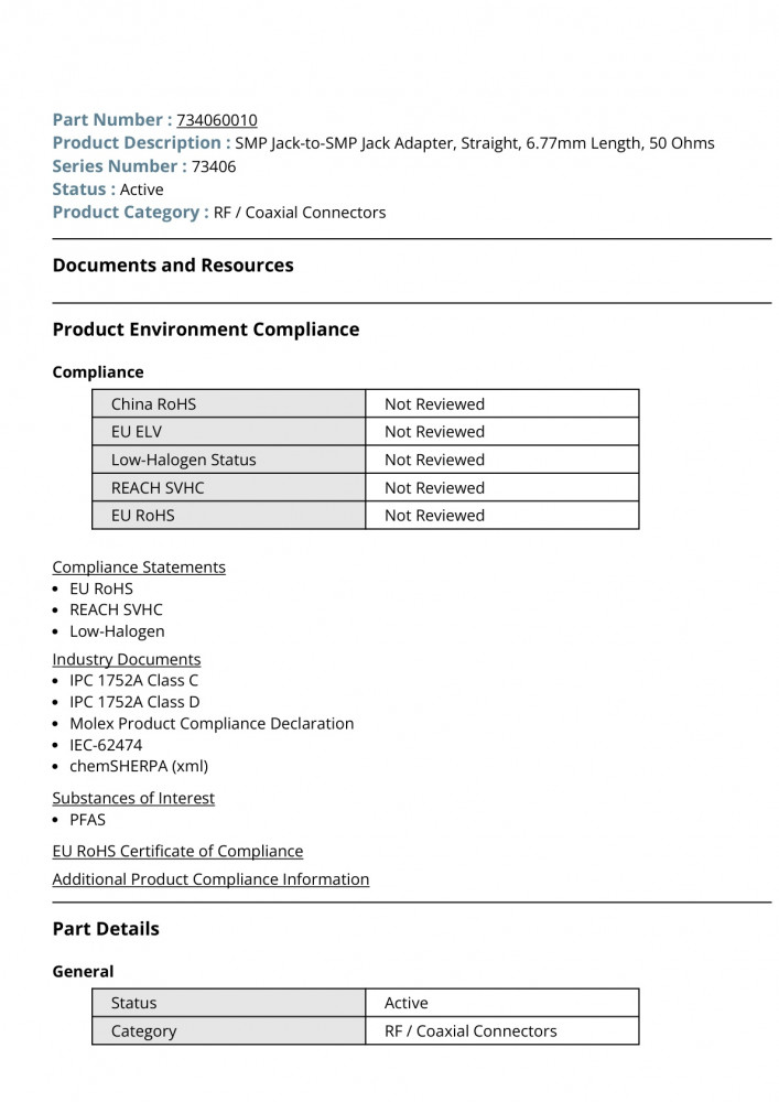 MOLEX 734060010 technical document, page 1