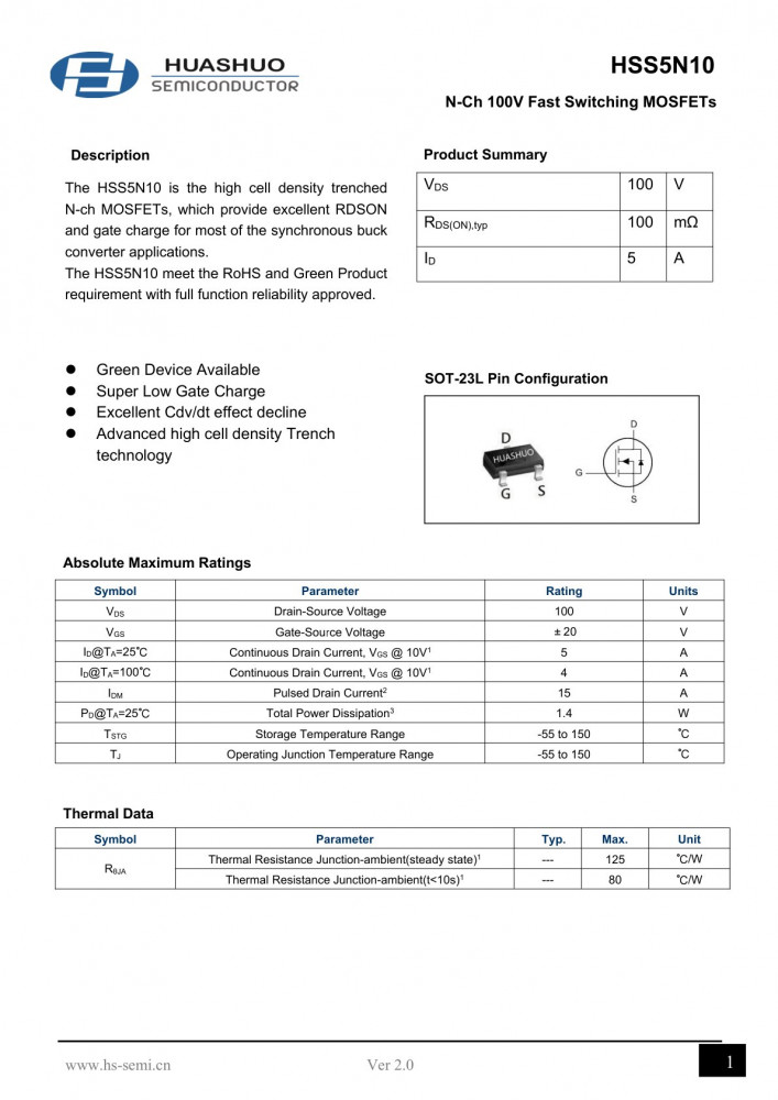 HSS5N10 datasheet page 1