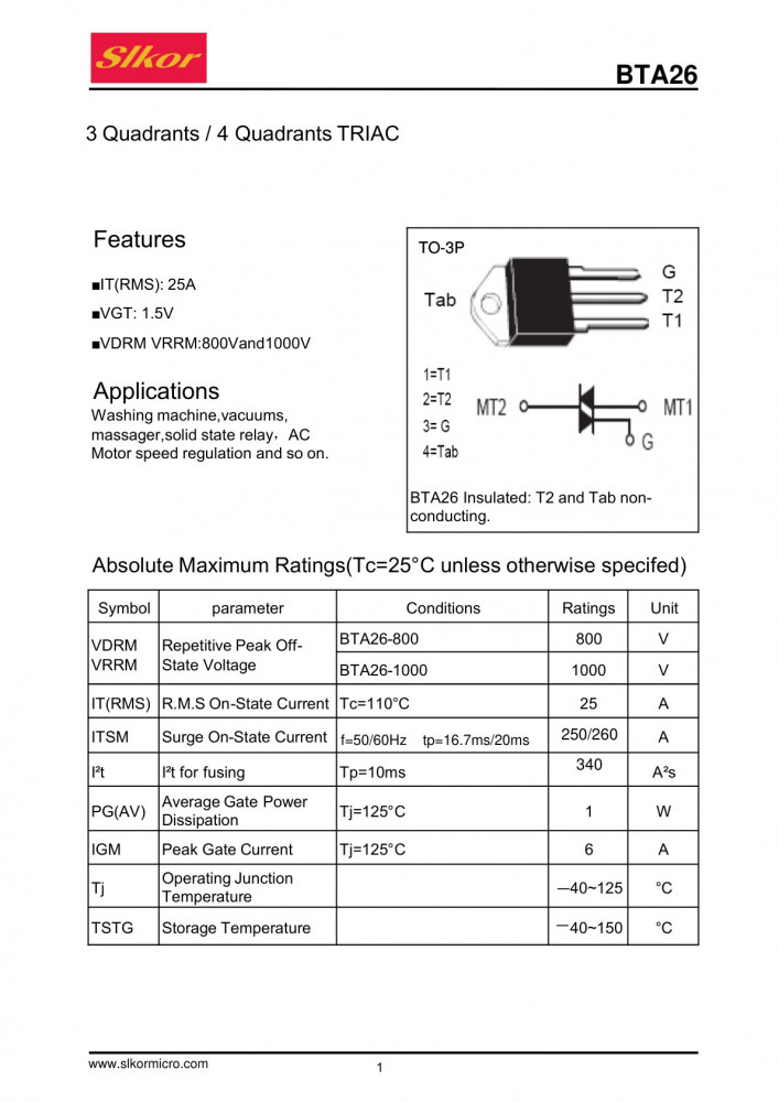 BTA26-800B datasheet page 1