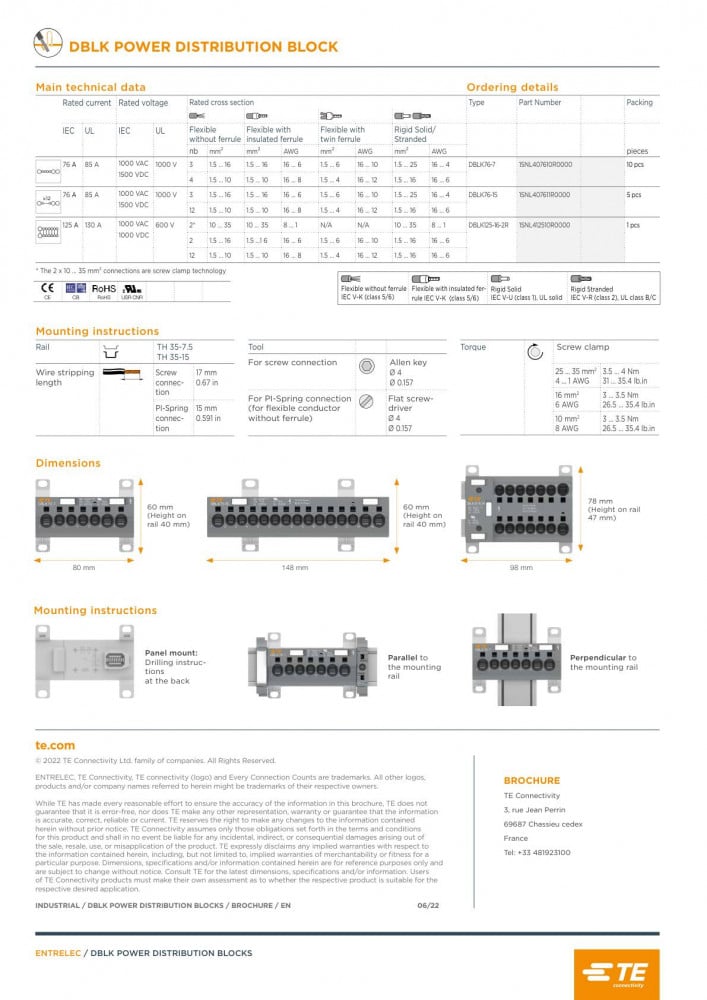 TE Connectivity DBLK power distribution blocks brochure page 2