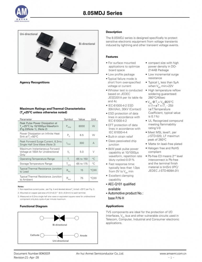 8.0SMDJ64CA/T7 datasheet page 1