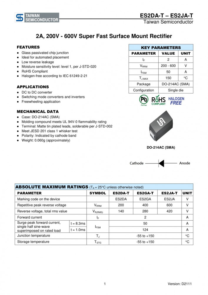 ES2JA-T datasheet preview, page 1