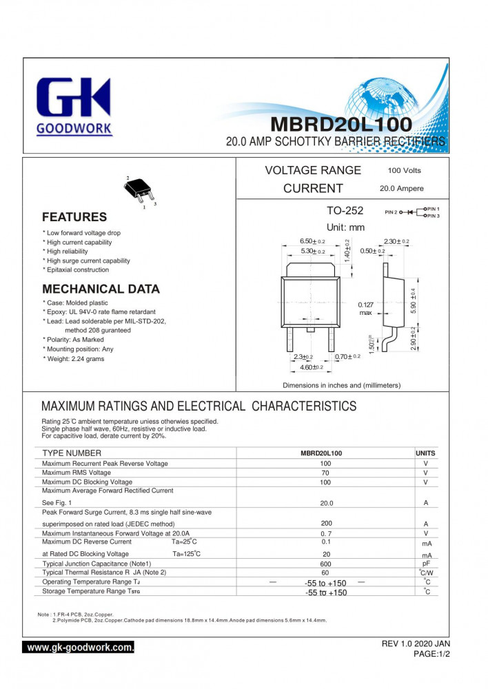 GOODWORK MBRD20L100 datasheet page 1