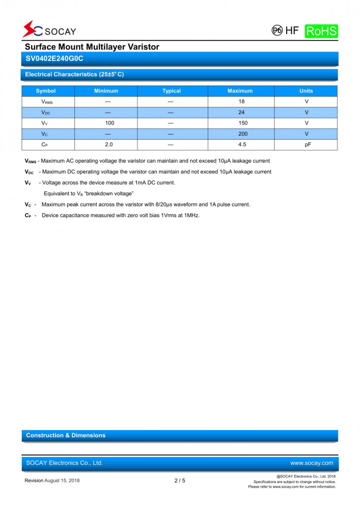 SV0402E240G0C technical document, page 2