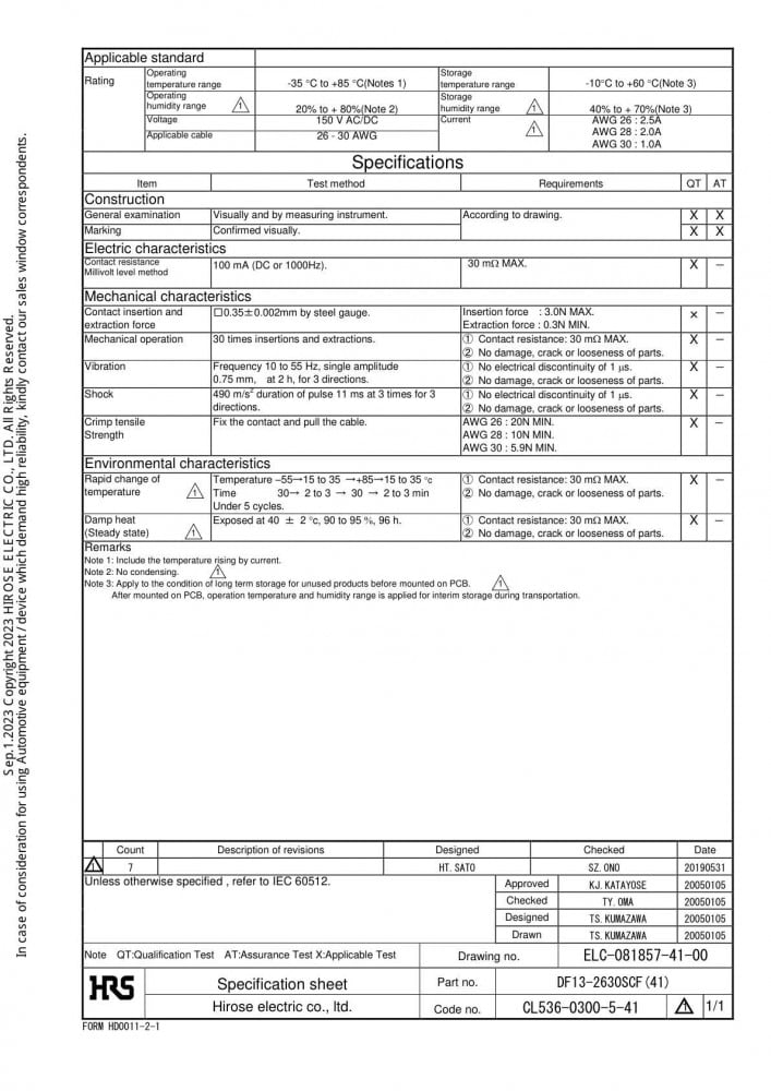 HRS DF13-2630SCF(41) specification sheet preview