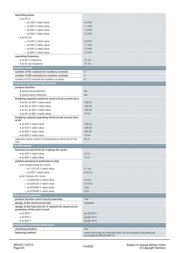 3RV23111DC10 datasheet page 2
