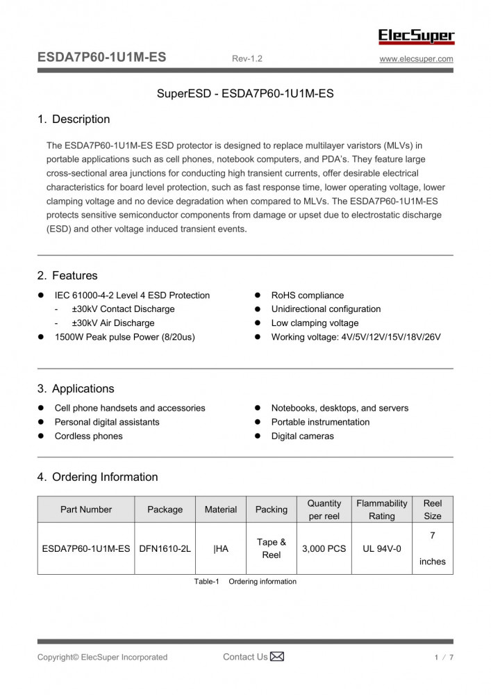 ESDA7P60-1U1M-ES datasheet page 1