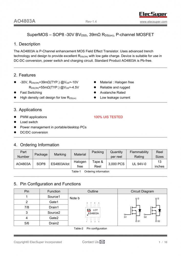 AO4803A datasheet page 1