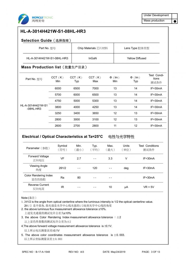 HL-A-3014H421W-S1-08HL-HR3 datasheet page 3