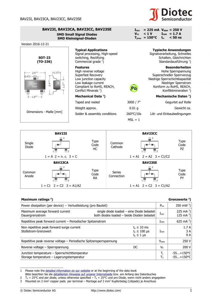 DIOTEC BAV23CC datasheet page 1
