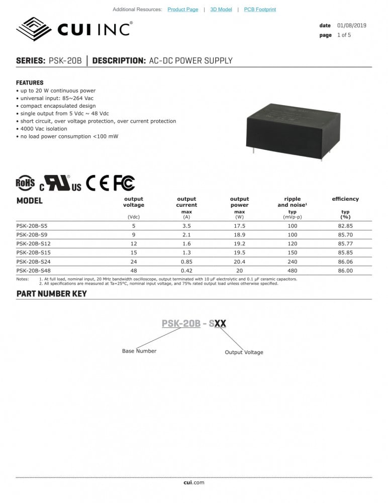CUI PSK-20B-S48 datasheet page 1