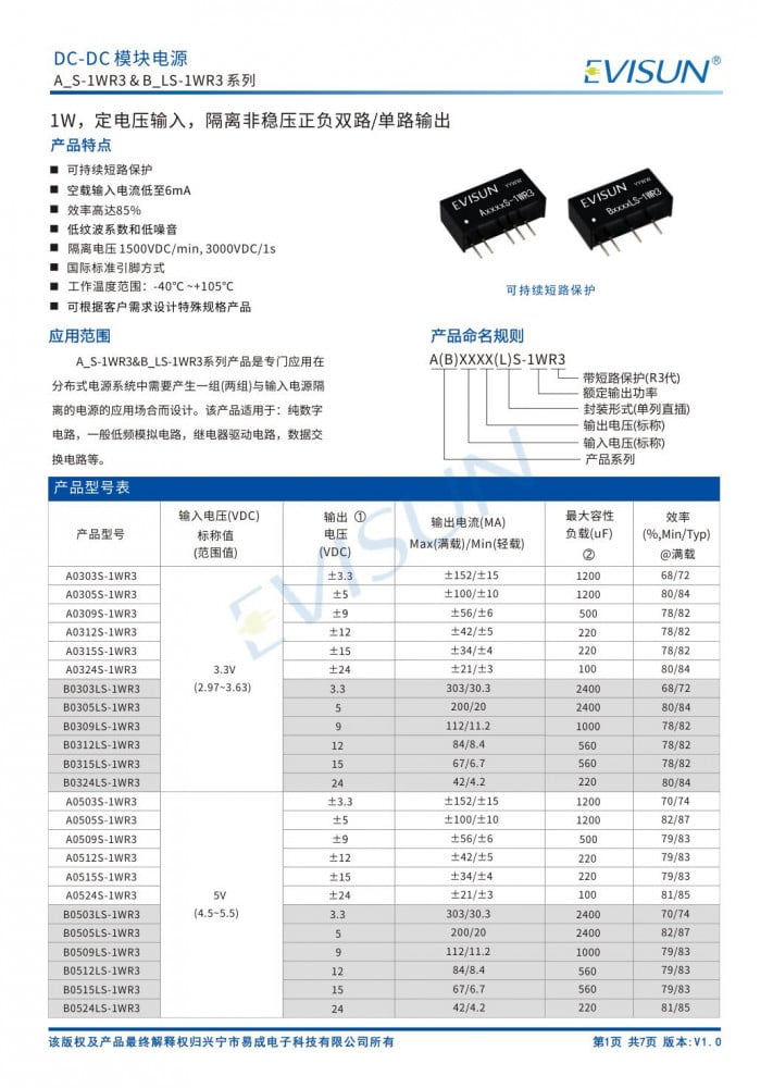 EVISUN A0524S-1WR3 datasheet page 1