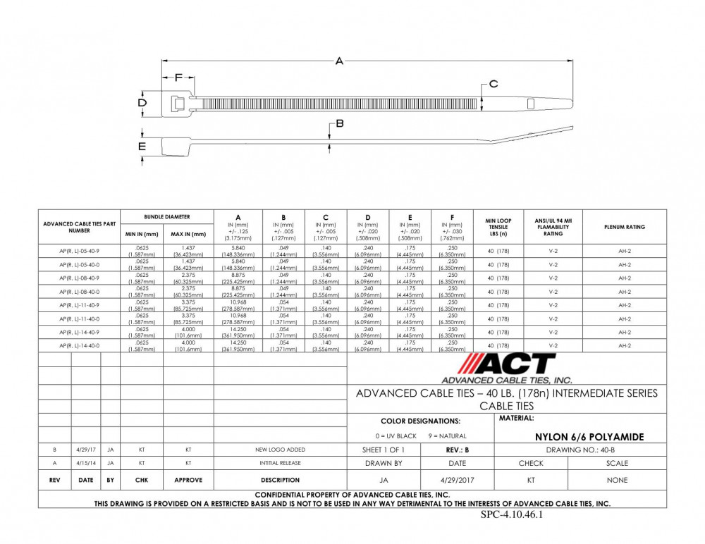 Advanced Cable Ties 40 lb intermediate series technical drawing