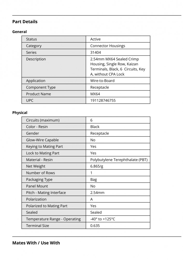 Product documentation page 2 for MOLEX 314047100