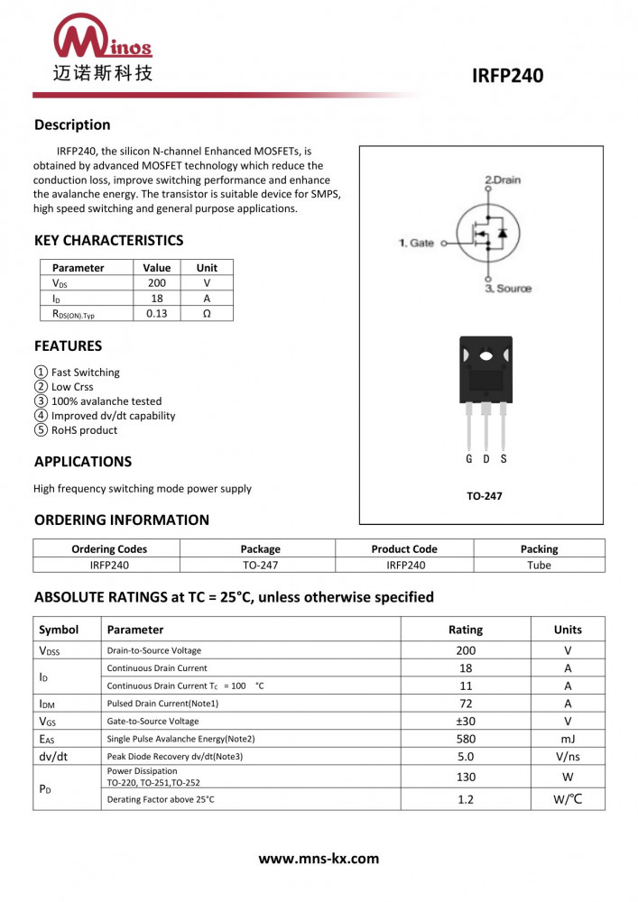 IRFP240 datasheet page 1