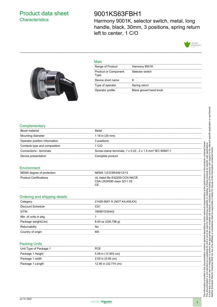 9001KS63FBH1 technical document page 1