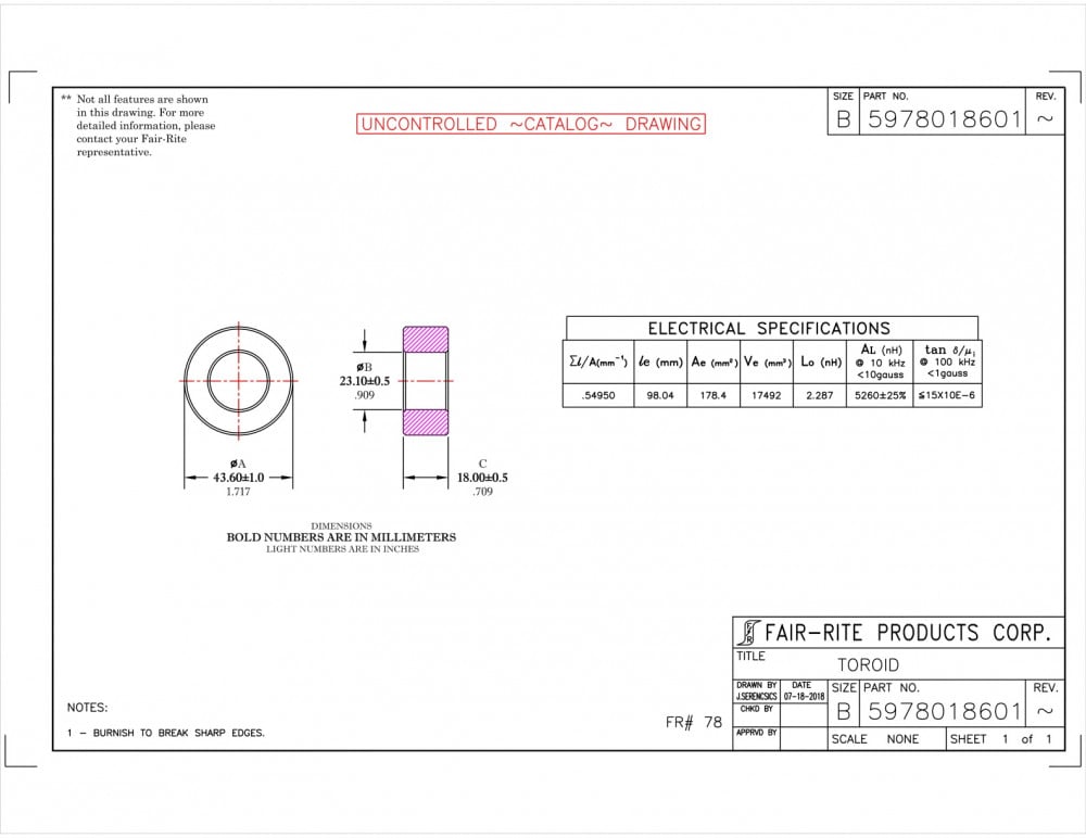 Fair-Rite 5978018601 technical document preview