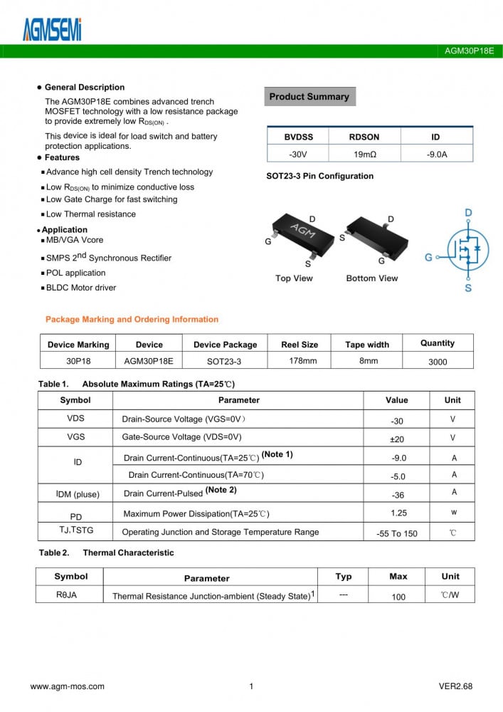 AGM30P18E datasheet page 1