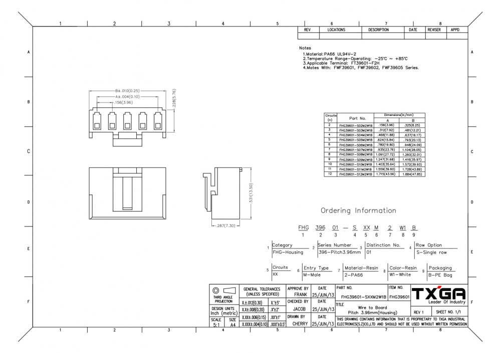 TXGA FHG39601-S08M2W1B technical drawing