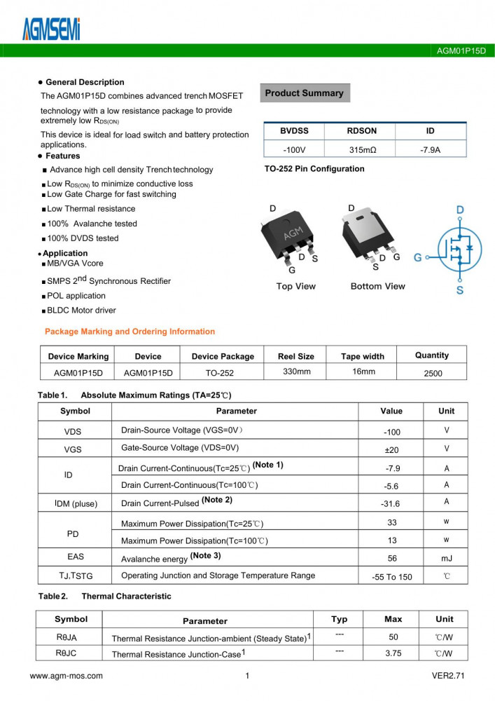 AGM01P15D datasheet page 1