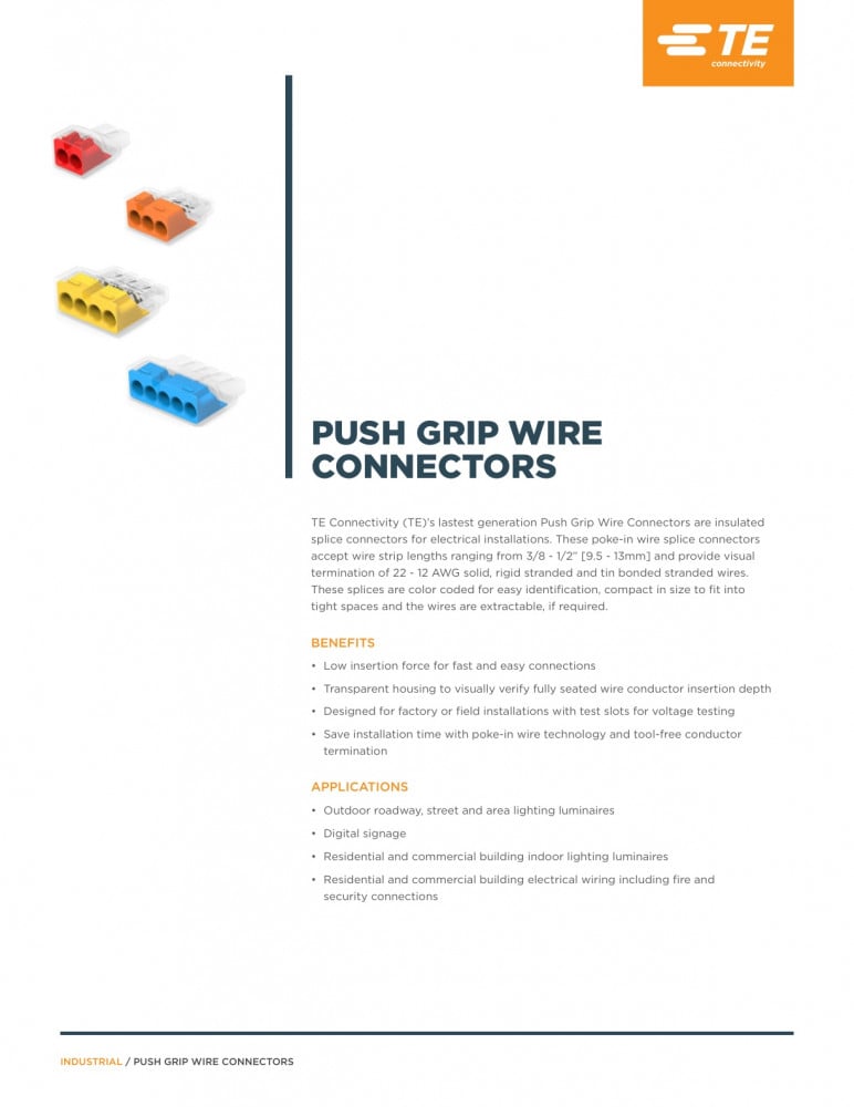 TE Connectivity Push Grip Wire Connectors document page 1