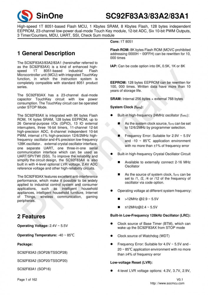 SC92F83A1 datasheet page 1