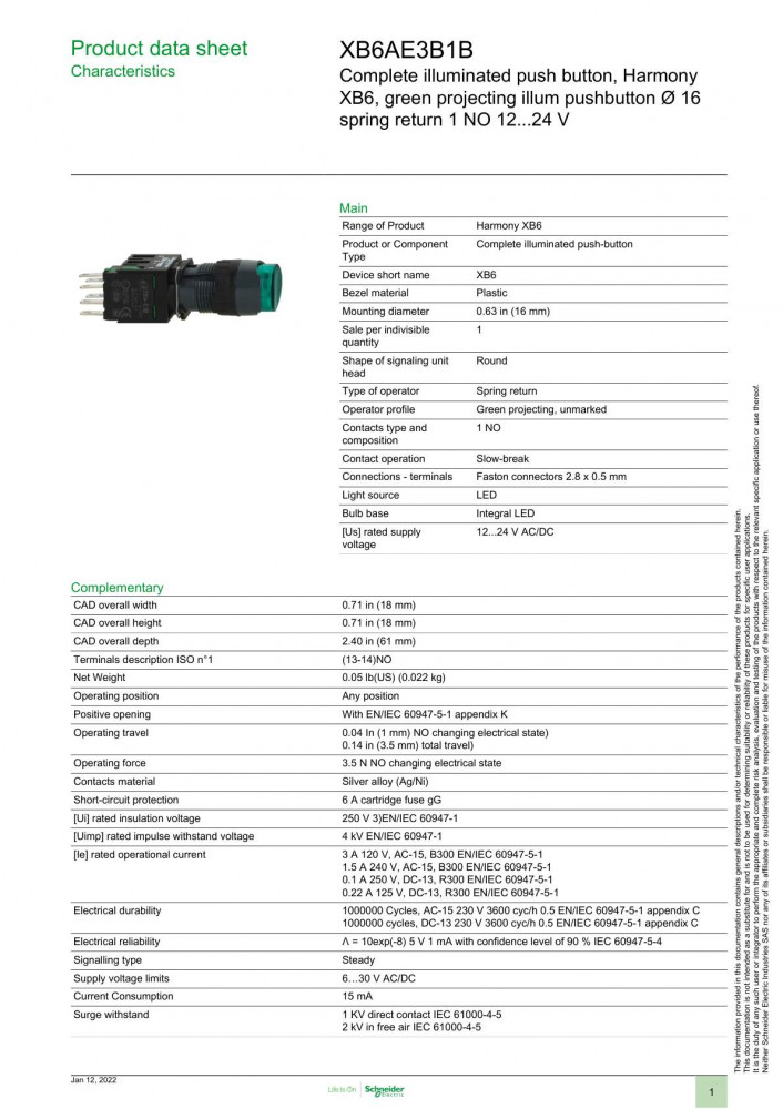 XB6AE3B1B technical document page 1