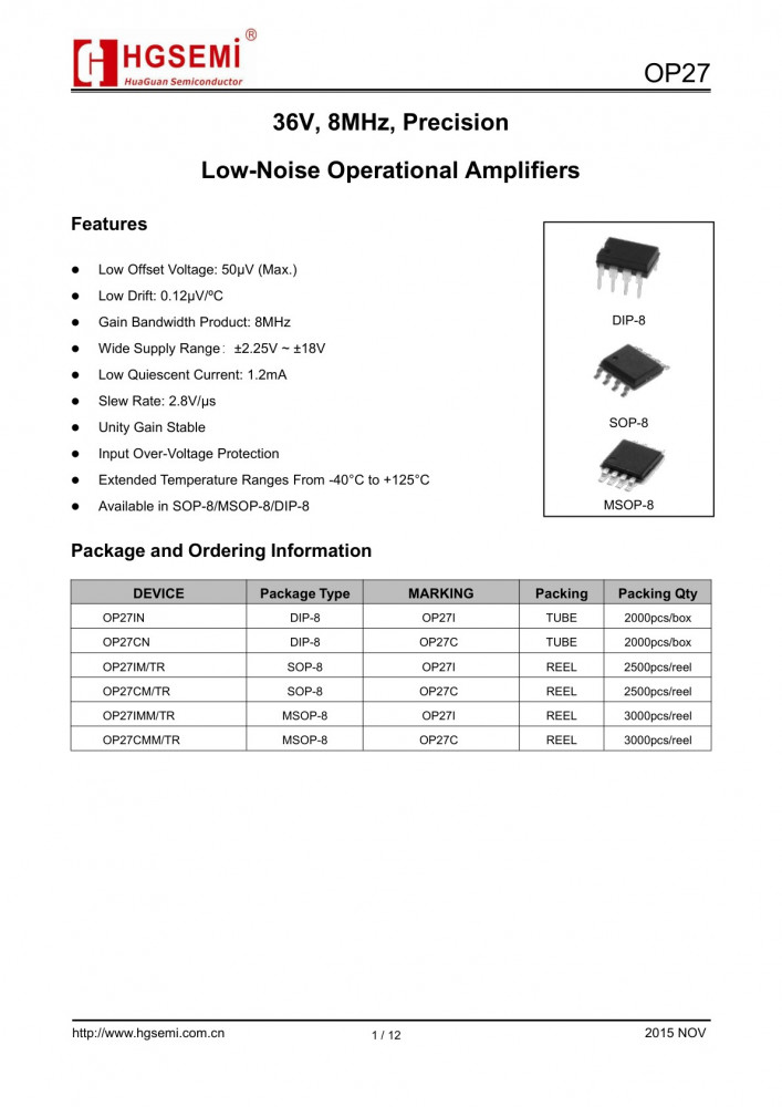 OP27CM/TR datasheet page 1