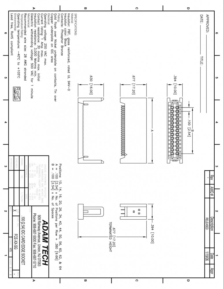 FCE-XX-SG 0.100 inch IDC card edge socket drawing preview