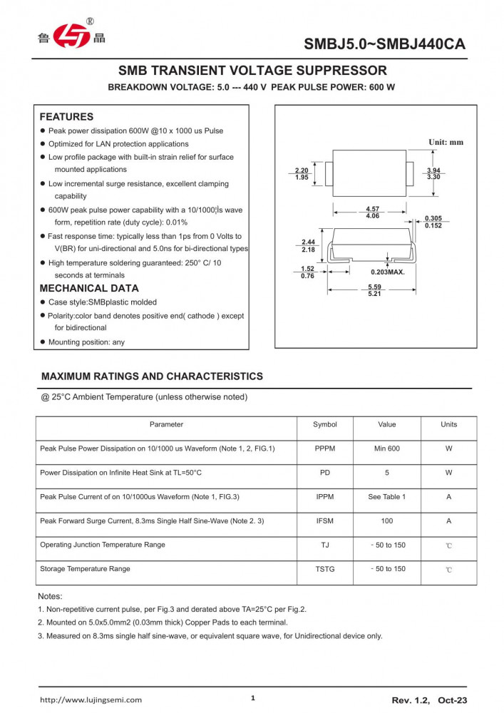 SMBJ TVS datasheet page 1