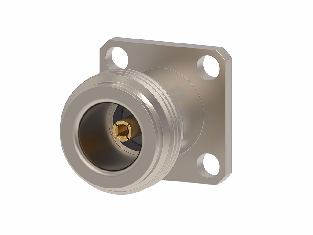 N Jack, Straight, Bulkhead, Crimp, RG-178, RG-196 Cable, Brass Body, Nickel (Ni) Plated, with Jam Nut and Lockwasher, IP68, Tray, 50 Ohms