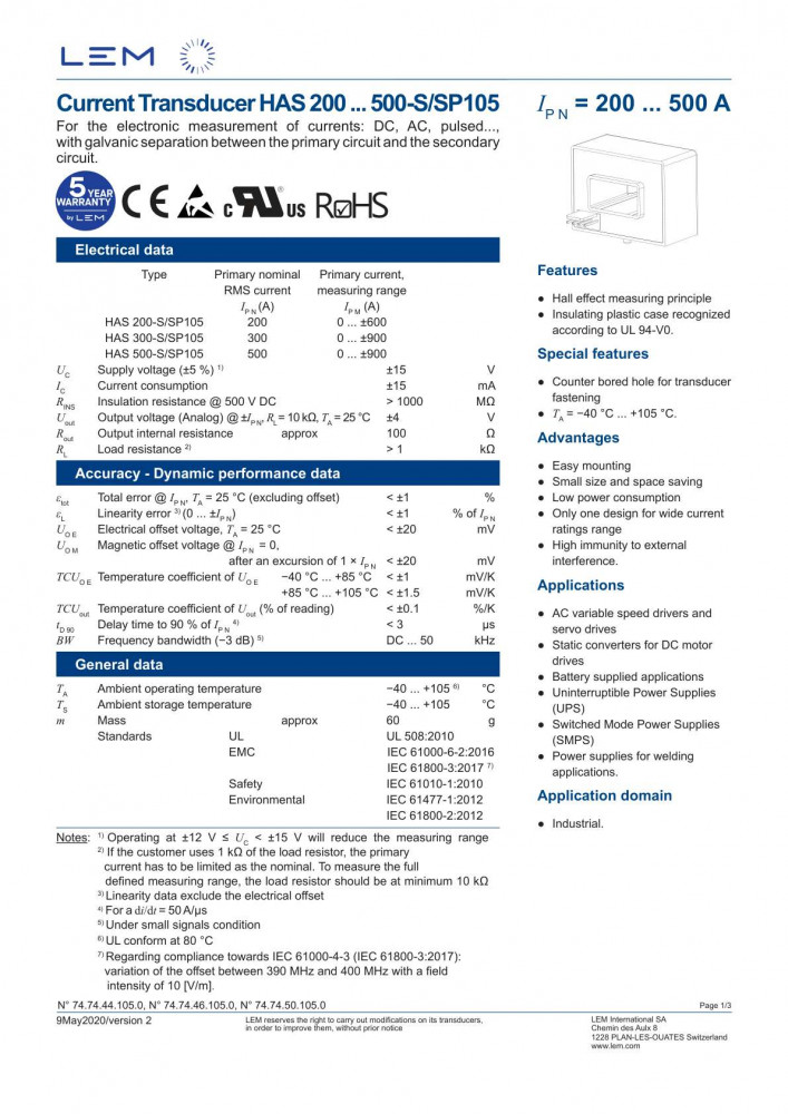 HAS500-S/SP105 datasheet page 1