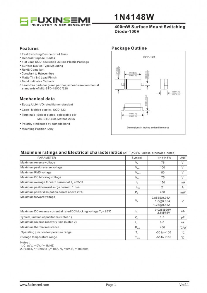 1N4148W datasheet page 1